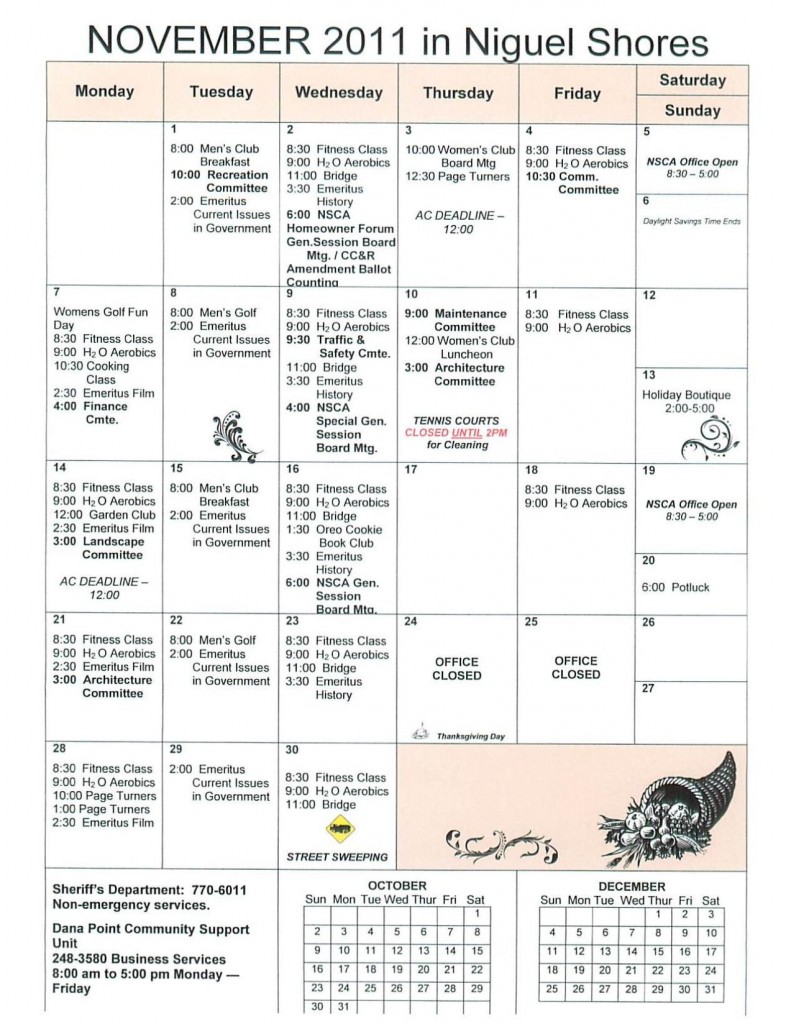 Calendar for November 2011 | Niguel Shores Community Association